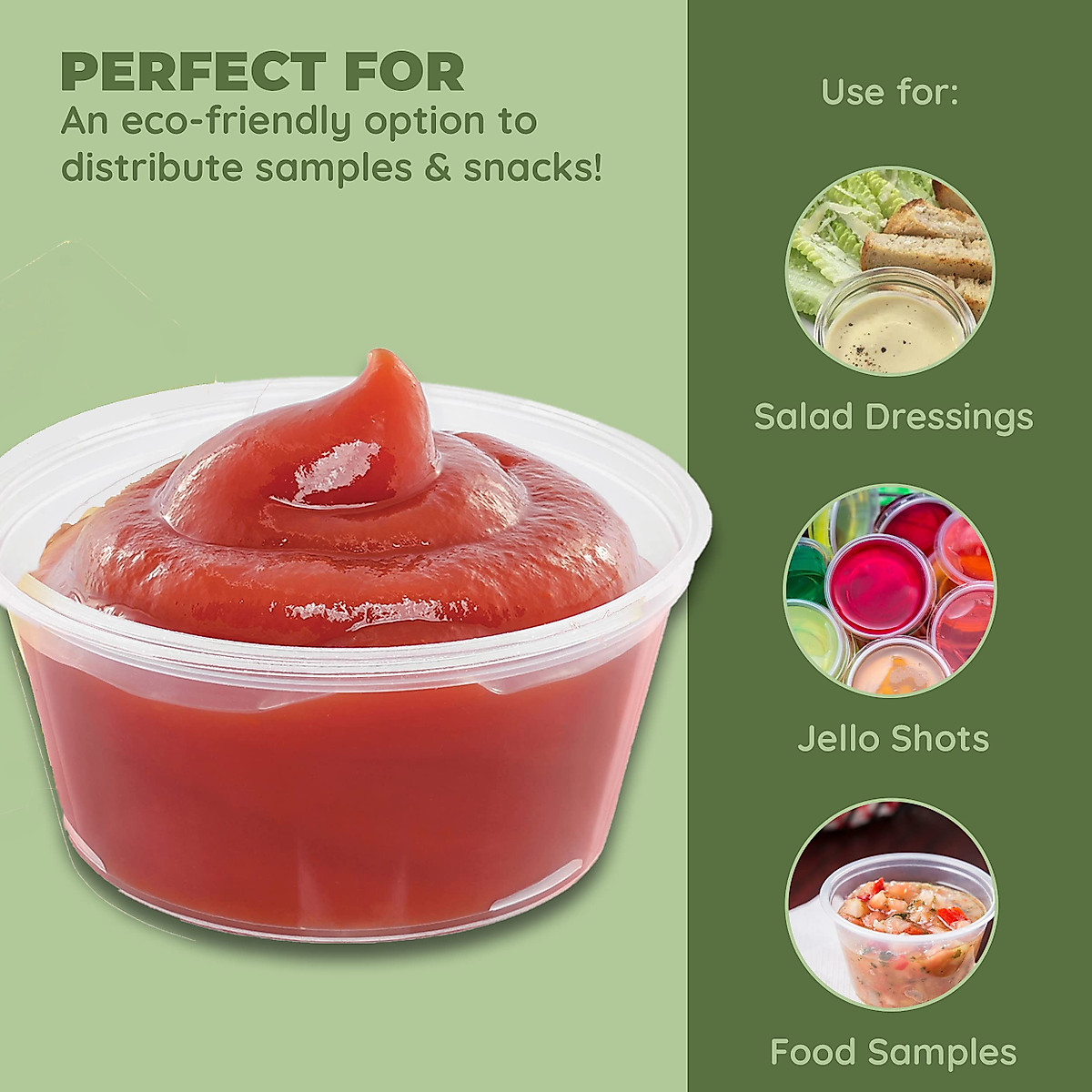 Jacent Compostable Condiment Cups with Lids, 2 oz Sauce Cups, 100 Sets per Pack: Eco-friendly for Salad Dressings, Charcuterie, Snacks and Samples