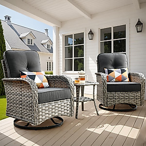 ovios Outdoor Swivel Rocking Chair Set of 3 with Coffee Table, Patio Wicker Rocker with Comfortable Thicken Deep Seating, Comfy Rattan Glider Chairs for Porch Deck Balcony Garden Backyard (Black)