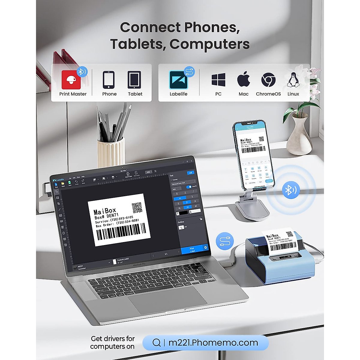 Phomemo M221 Label Printer, Newest Upgraded 3'' Bluetooth Thermal Label Maker, Easier & More Stable,for Product, Address, Barcode, Small Business, Home Portable DIY on Phone/PC,+100 Labels, Sky Blue