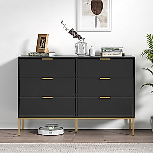 Anmytek Modern 6 Drawer Dresser, Black Dressers for Bedroom, Chest of Drawers Closet Organizers and Wood Storage Clothes, Black Dresser with Golden Handles for Living Room, Hallway