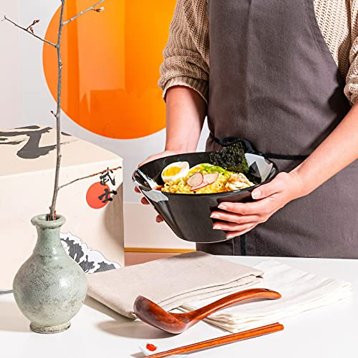 BICETTO Ceramic Japanese Ramen Bowl Set, 60oz Large Ramen Bowls with Chopsticks, Spoons and Chopstick Rests – Bowl for Ramen, Pho, Salad, Poke, Soup, Udon – Minimalist Design, Premium Quality, Black