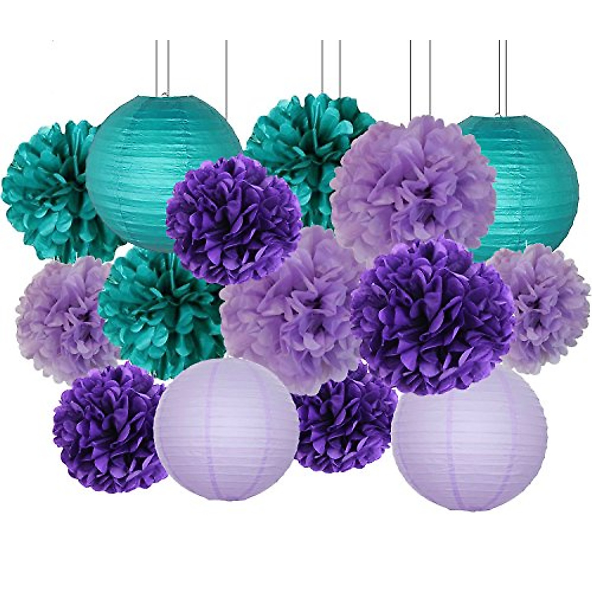 Furuix Mermaid Party Decorations /Under The Sea Party 16pcs Teal Lavender Purple Tissue Paper Pom Pom Paper Lanterns for Birthday Decor Mermaid Baby Shower Decorations Mermaid Party Supplies