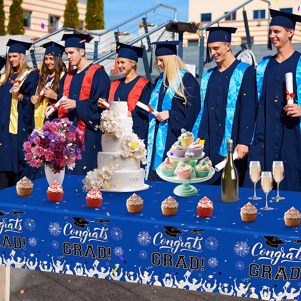 JVORFDG Graduation Party Decorations 2024 Congrats Grad Table Cover for Graduations Party Supplies 3pcs Blue Tablecloth 54 x 108 Inch