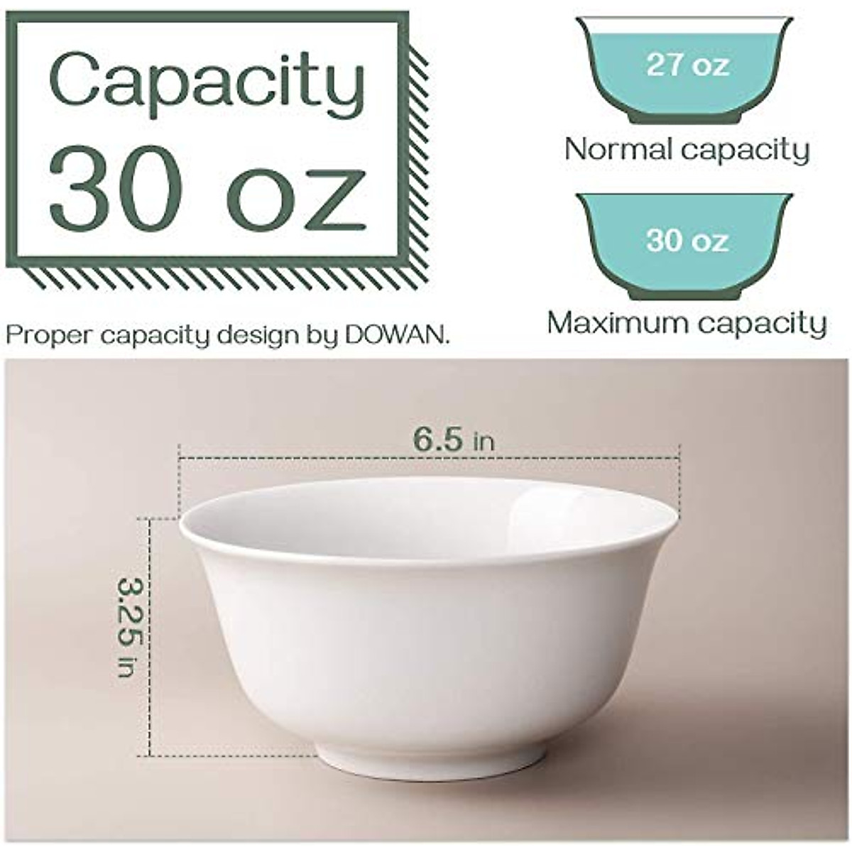 DOWAN 30 OZ Ceramic Soup Bowls & Cereal Bowls - White Bowls Set of 6 for Kitchen - Large Bowls for Cereal, Soup, Oatmeal, Rice, Pasta, Salad, Fruit - Dishwasher & Microwave Safe