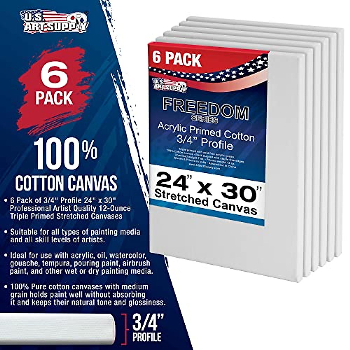 U.S. Art Supply 24 x 30 inch Stretched Canvas 12-Ounce Triple Primed, 6-Pack - Professional Artist Quality White Blank 3/4" Profile, 100% Cotton, Heavy-Weight Gesso - Acrylic Pouring, Oil Painting