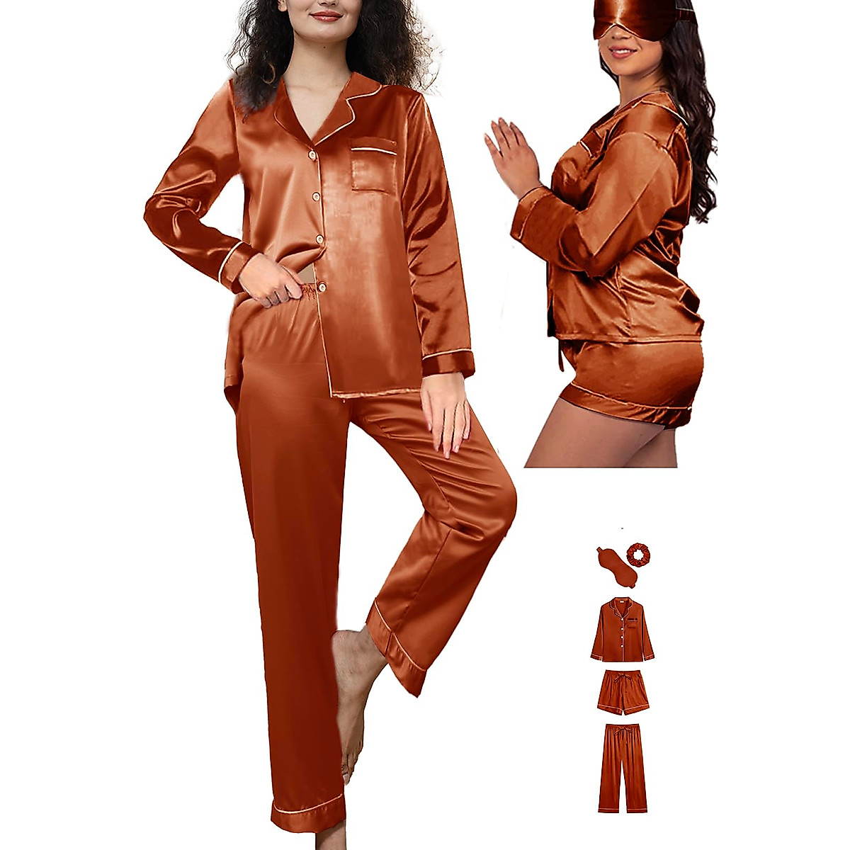 WJing Yi Jia 5Pcs XS-XXL Womens Silk Satin Pajamas Sets Long Pj Sets Button Down Pjs Set Loungewear Sleepwear