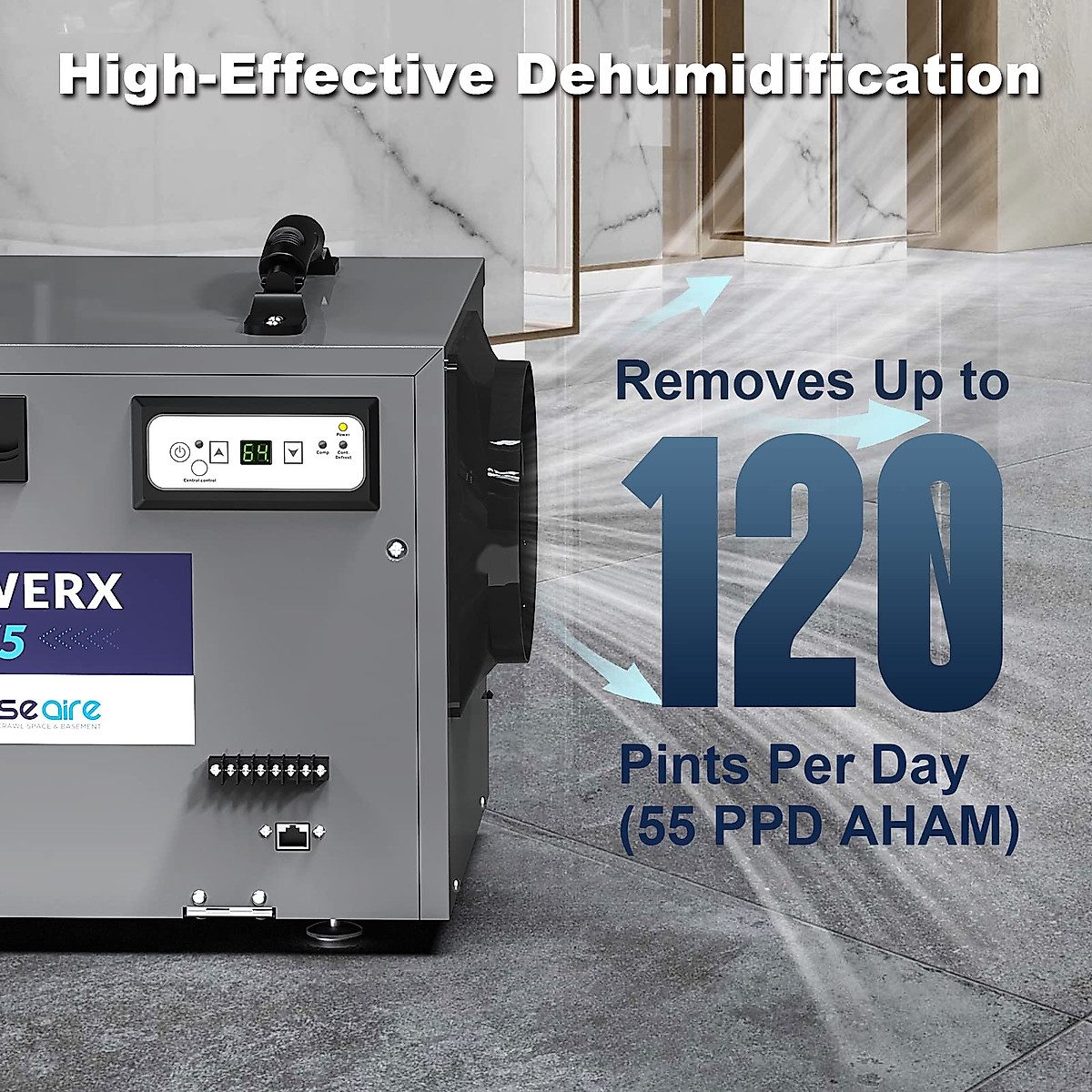 BaseAire 113 Pint Commercial Dehumidifier with Drain Hose for Crawl Spaces, Basements, Whole House, Compact, Portable, Auto Defrost, Memory Starting, 5 Years Warranty, Commercial Industrial Home Use