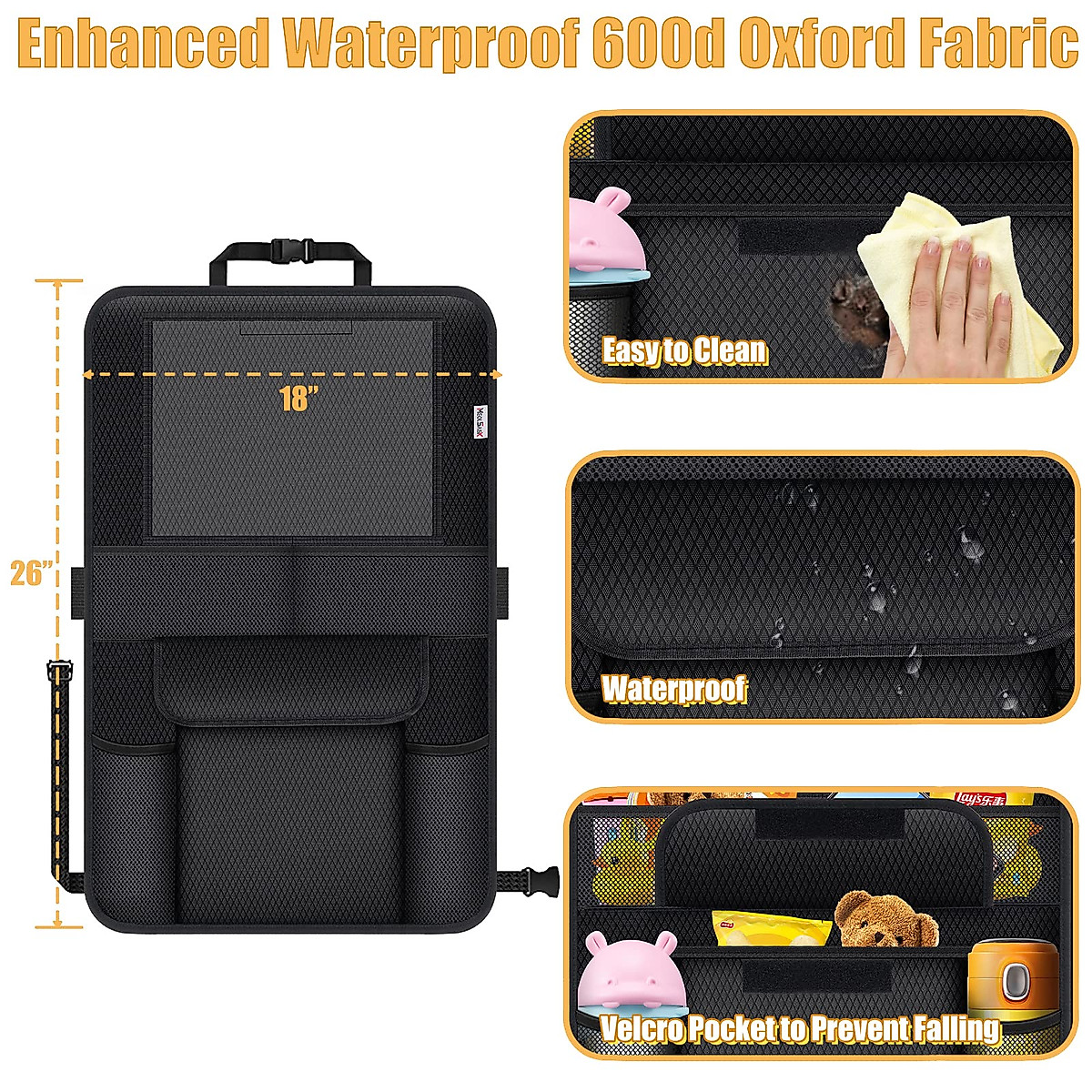 Kick Mats Back Seat Protector, 2Pack Waterproof Oxford Seat Back Protector, Car Seat Back Protector for Kids, Back of Seat Protector for Kids Feet Car Seat (2pc with Table Pocket)