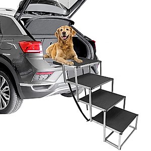 Extra Wide Foldable Dog Car Stairs for Large Dogs, Portable Aluminum Pet Ramp with Non-Slip Surface, Lightweight Dog Ladder Ramp for Cars, High Beds, SUV, Trucks, 4 Steps, Supports up to150 lbs