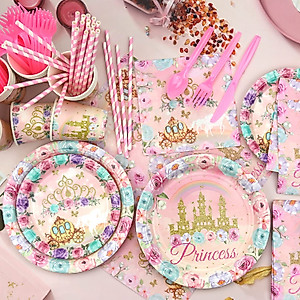 Princess Birthday Party Supplies, Includes Banner, Plates, Tulle, Napkins, Cake Toppers, Crowns, Wands, Balloons, Tablecloths, for Girls Princess's Themed Baby Shower Decorations, Serve 20 (Style A)
