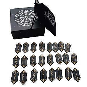 CALIDAKA Rune Stones Card Set, Zinc Alloy Wood Rune Stones Nordic with Storage Bag Props,Handmade Woodcut Rune Set Family Portable Home Entertainment Toys Supermarket Beginner Board Game