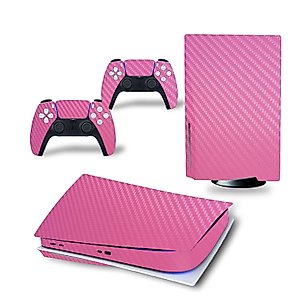 HAO Carbon Fibre Skin for PS5 Console and 2 Controllers Sticker Same Decal, Durable, Scratch Resistant, Bubble-Free Cover Compatible with Playstation 5 (Pink,Playstation 5)