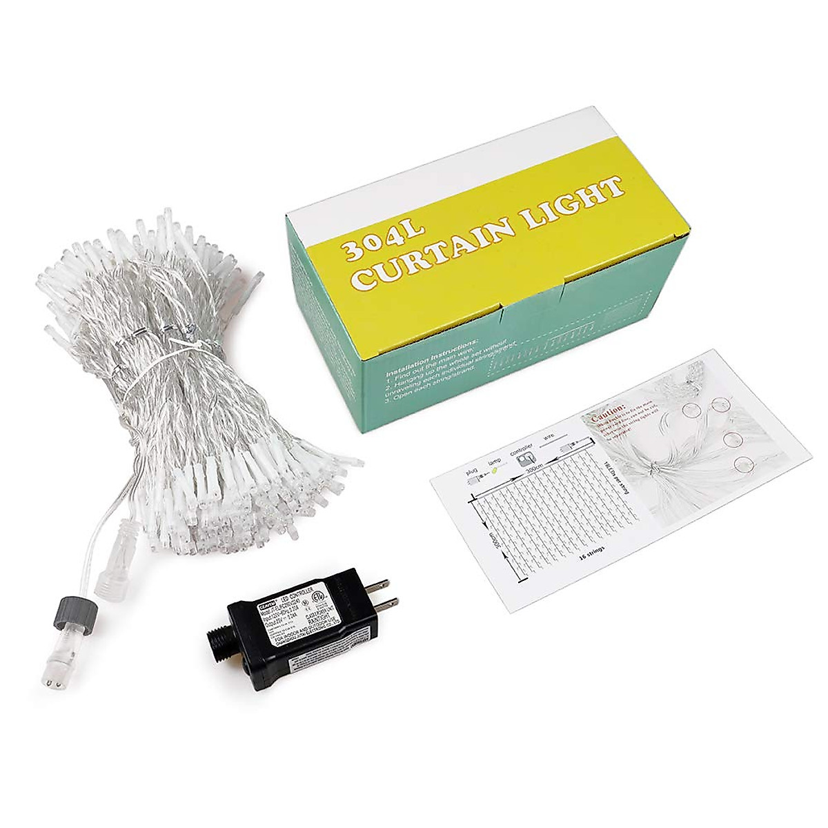 HEYFUNi Fiee Curtain Lights,304L 9.8ftX9.8ft 30V 8Modes Safety Window Lights for Home Wedding Christmas Party Patio Lawn Garden Bedroom Outdoor Indoor Wall Decorations (304LED, Warm White+White)