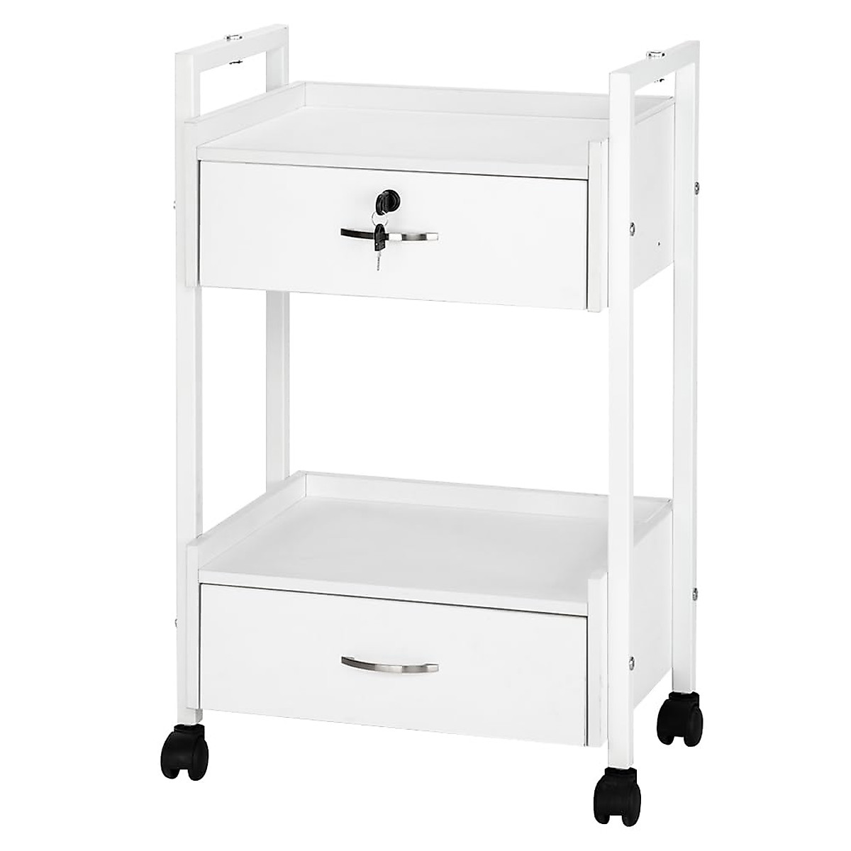 Salon Trolley Cart for Beauty SPA, Wooden Rolling Storage Station, White Mobile Utility Cabinet with 2 Drawers 1 Lockable, Medical Esthetic Supply Holder for Massage Tattoo Facials