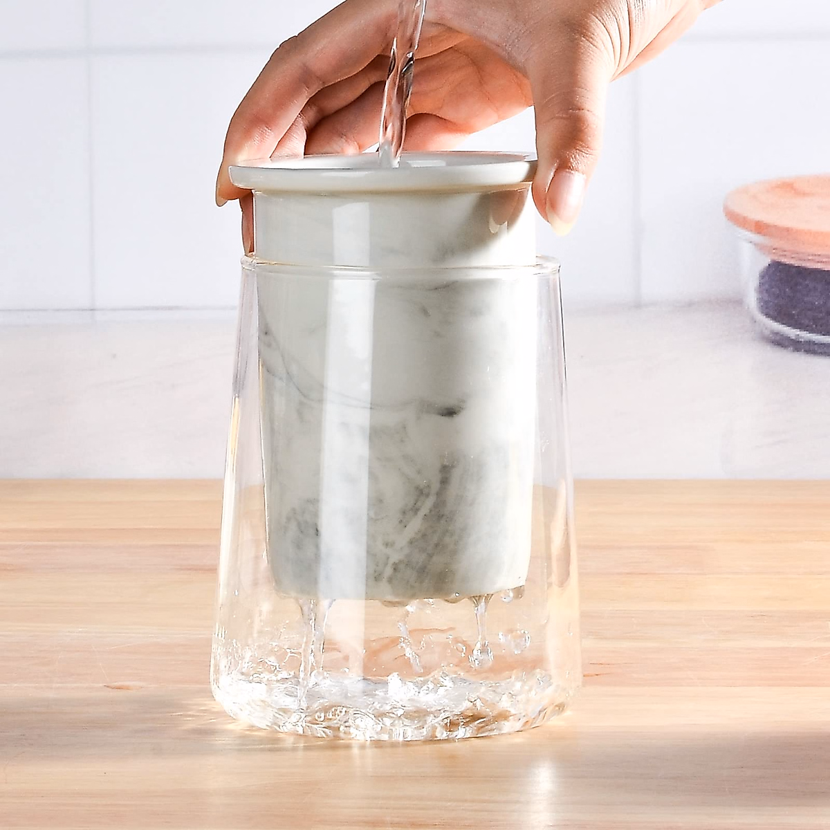 Silverware Caddy, Marble Style Utensil Caddy, Silverware Holder, 3.38″ Utensil Crock with Ceramic Filter Water Utensil Holder and Glass Water Storage Container, Cutlery Caddy, ANTIS'S HOME