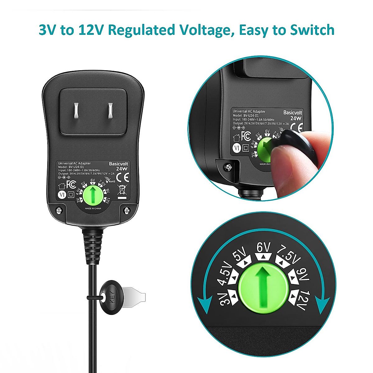 Basicvolt Universal AC/DC Adapter Multi-Voltage Regulated Switching Power Supply with 11 Selectable DC Plugs for 3V 4.5V 5V 6V 7.5V 9V 12V Household Electronics 2.0A 24Watt Max