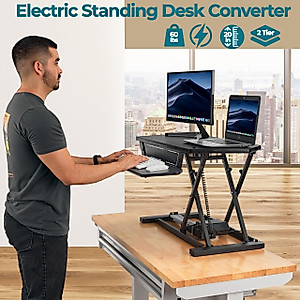 VERSADESK UltraLite Standing Desk Converter, Electric Height-Adjustable Desk Riser, Sit to Stand Desktop with Keyboard and USB Port, 36 x 24 Inches, Black