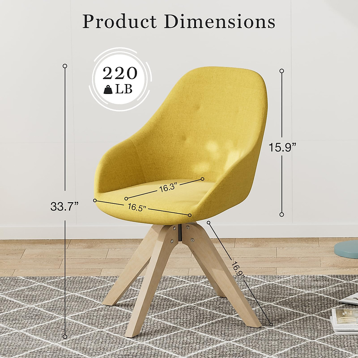 IKIFLY Modern Swivel Accent Chair, Upholstered Armchair Desk Chair No Wheels with Solid Wood Legs, Mid-Century Dining Chair for Dining Living Room Home Office (Yellow)