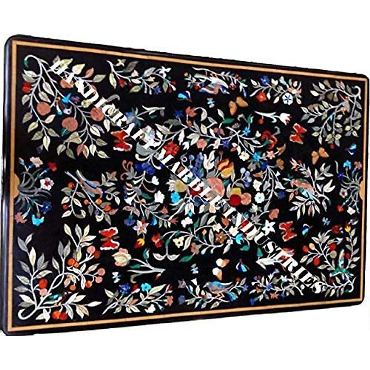 48" x 30" Inch Black Marble Dining Table Top Birds, Butterflies, Fruits and Flowers Marquetry Inlay Design Outdoor Decor, Indoor Decor Table