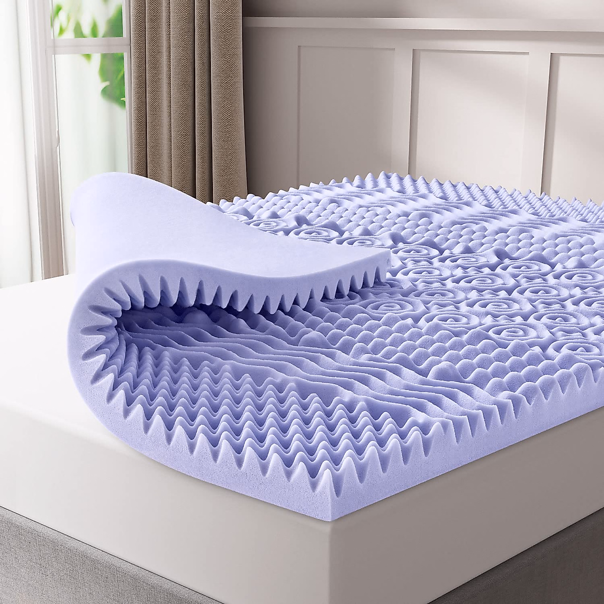 UniPon 3 Inch Egg Crate Memory Foam Mattress Topper, Lavender Infused Mattress Topper, 7 Zones Memory Foam Bed Topper, CertiPUR-US Certified (Queen)