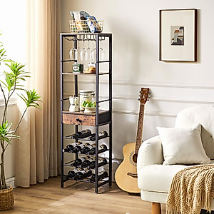 IBUYKE Wine Rack Freestanding Floor, Bar Cabinet for Liquor and Glasses,4-Tier Wood Coffee Bar Cabinet,Glass Holder and Storage Drawer for Home Bar Kitchen Living Room,Rustic Brown UTMJ905H