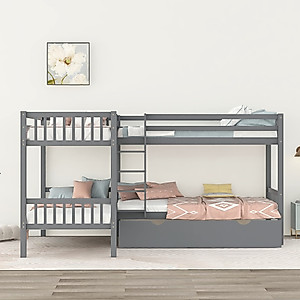 L-Shaped Bunk Bed with Drawers, Bunk Bed for 4 Twin Over Twin for Boys Girls Kids Teen Wood Quad Bunk Beds Frame, Gray