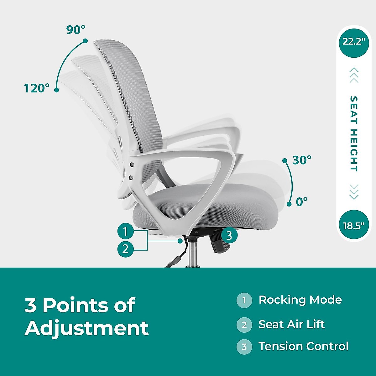 Ergonomic Office Chair, Home Desk Mesh Chair with Fixed Armrest, Executive Computer Chair with Soft Foam Seat Cushion and Lumbar Support