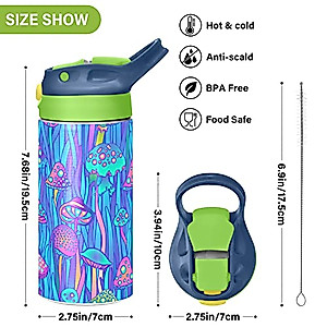 Boccsty Magic Mushrooms Pattern Kids Water Bottle with Straw Lid 60s Hippie Insulated Stainless Steel Reusable Tumbler for Boys Girls Toddlers 12 oz Green