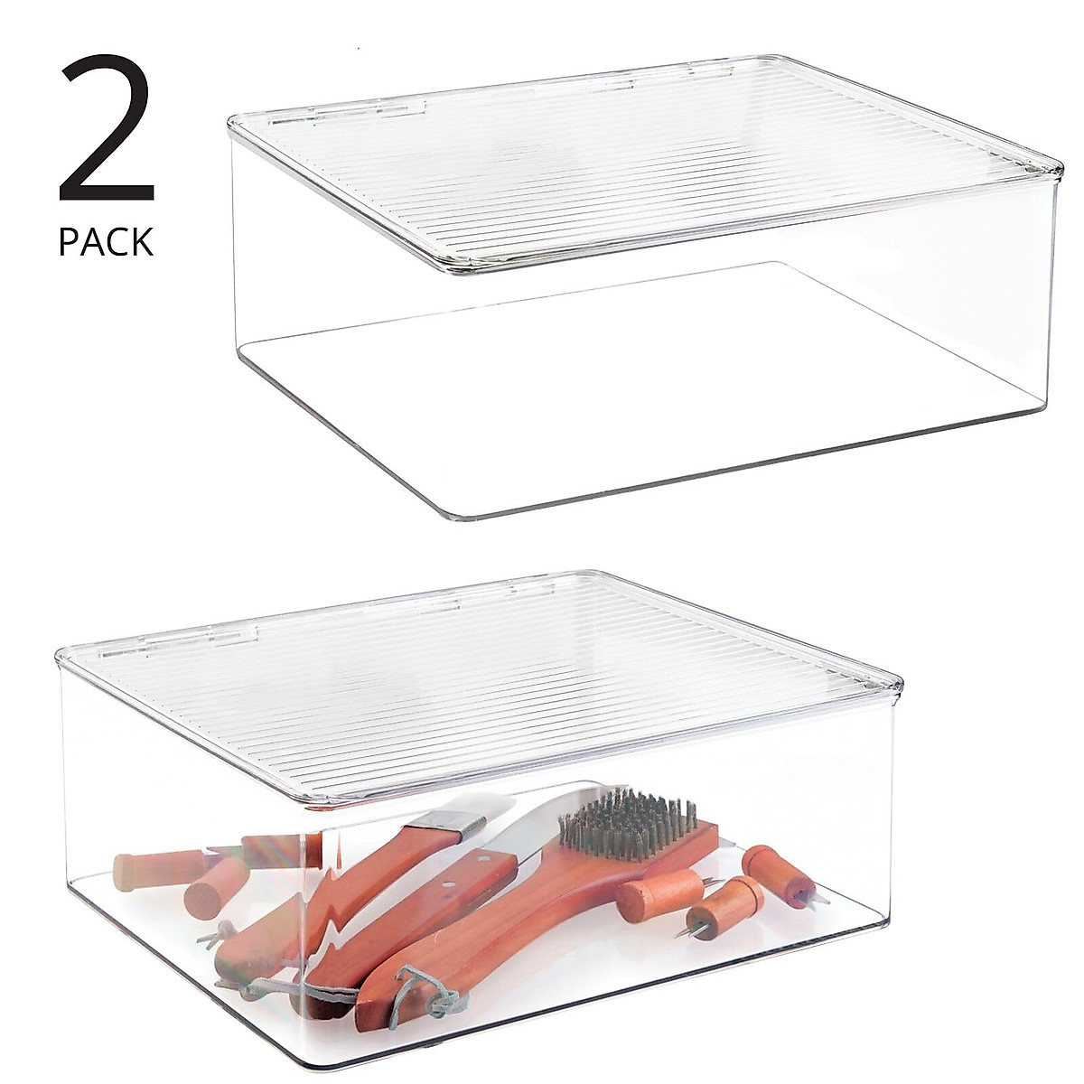 mDesign Plastic Kitchen Pantry and Fridge Storage Organizer Box Containers with Hinged Lid for Shelves or Cabinets, Holds BBQ Tools, Seasoning, Condiments, Utensils, Ligne Collection, 2 Pack, Clear