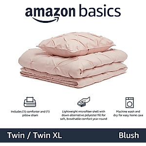Amazon Basics Soft Twin Size Comforter Sets, All-Season Down-Alternative 3-Piece Bedding Set, Pinch Pleat Design, Twin/TwinXL Size, Blush