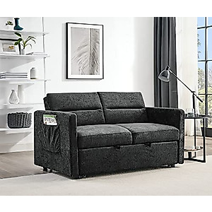 Polibi 54.5'' Modern Convertible Sleeper Sofa Bed with Two Arm Pockets, Chenille Fabric Sofa w/Pull-Out Loveseat Sofa Couch and Adjustable Back for Living Room (Black)