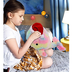 DolliBu Santa Extra Large Rainbow Whale Stuffed Animal Plush Toy - Wild Animal Dress Up with Red Santa Claus Hat, Wildlife Gift, Perfect Holiday with Name Personalization - 15 Inches