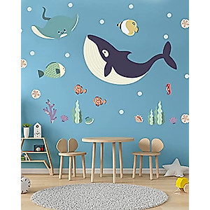 Ocean Fish Wall Decals Peel and Stick 39" Large Whale Wall Decal Under The Sea Wall Stickers for Kids Bedroom Ocean Decal Stickers for Baby Girl Boy Room Decor Undersea Fish Decor Wallpaper Stickers Mural Wall Art for Nursery Underwater Fish Decal