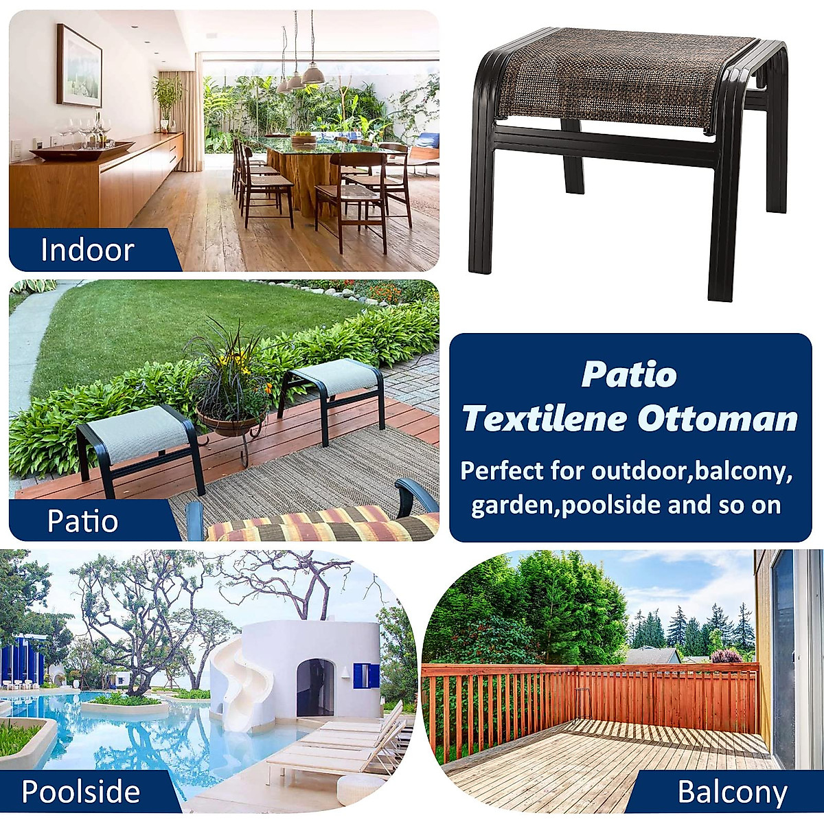 Deugold Outdoor Patio Foot Rest Ottoman Seat Textilene Portable Metal Footstool Portable Patio Chairs 2 Set Brown