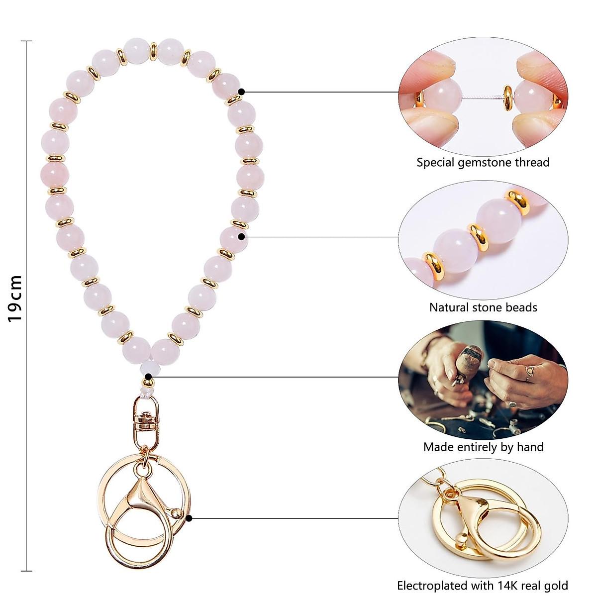 Lostars Wristlet Keychain Bracelet 14k Gold Keychain Cute Crystal Keychain Beaded Key Chain Wristlet for Car Keys (Pink Crystal)