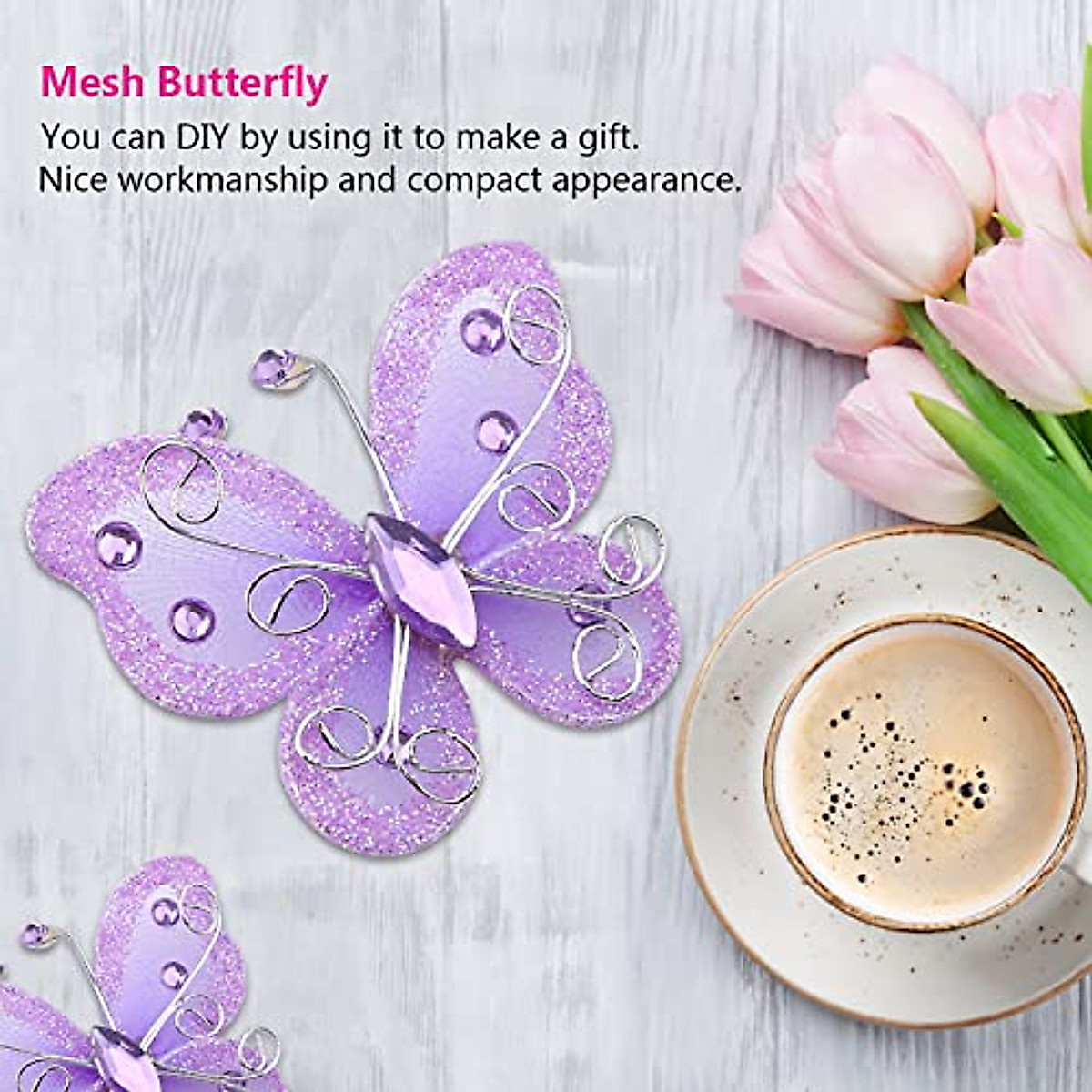 Yosoo Health Gear Purple Wire Butterflies, Mesh Butterfly Sheer, 24Pcs Sheer Mesh Wire Glitter Butterfly Wedding Party Clothing Decoration DIY Supplies for Decorating(Purple)