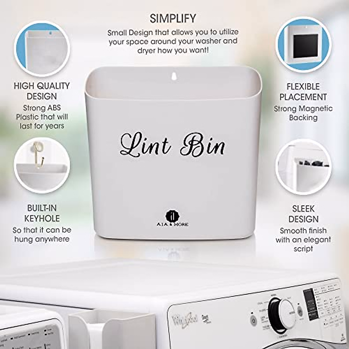 Magnetic Lint Holder Bin and Dryer Sheet Dispenser and Pocket Treasures Bin for Laundry Room Organization by A.J.A. & MORE (Light Grey)