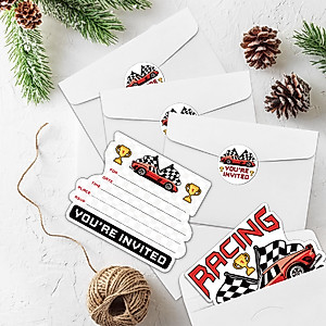 REWIDPARTY Race Car Party Invitations with Envelopes & Stickers（Set of 15） Red Racing Shaped Fill-in Invitations Car Racing Birthday Party Invite Cards Race Car Party Supplies for Kids Teens Adults