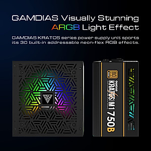 GAMDIAS RGB Gaming PC Power Supply 750W 80 Plus Bronze Certified 750 Watt PSU for Computers with Active PFC, Kratos M1-750B