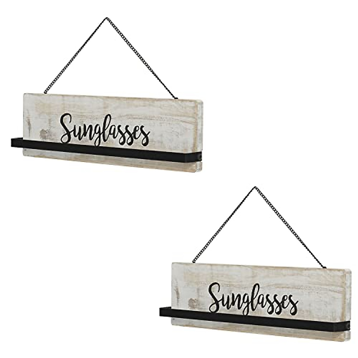 MyGift Wall Mounted Whitewashed Wood Sunglasses Organizer, Hanging Eyewear Eyeglasses Sunglass Holder Rack with Cursive Sunglasses Lettering for Home Collection and Retail Display, Set of 2