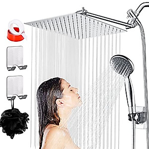 12"High Pressure Rainfall Shower Head with Handheld Spray Combo, Square Waterfall Shower Heads, 5Settings Chrome Showerhead Spray with Holder, 13"Adjustable Extension Arm, 59"Stainless Steel Hose