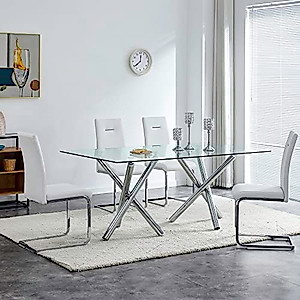 White Dining Chairs Set of 4, Dining Room Chairs, Modern Dining Chairs with Leather Upholstered and High Back Metal Chrome Legs, Sillas De Comedor for Dining Room, Kitchen, Office (White, Set of 4)