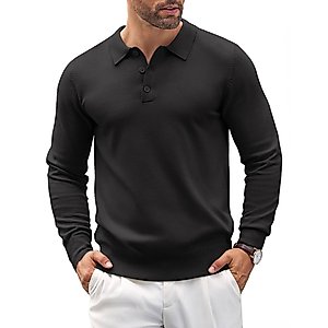 COOFANDY Men's Knit Polo Shirt Long Sleeve Vintage Golf Shirt Lightweight Sweater Black