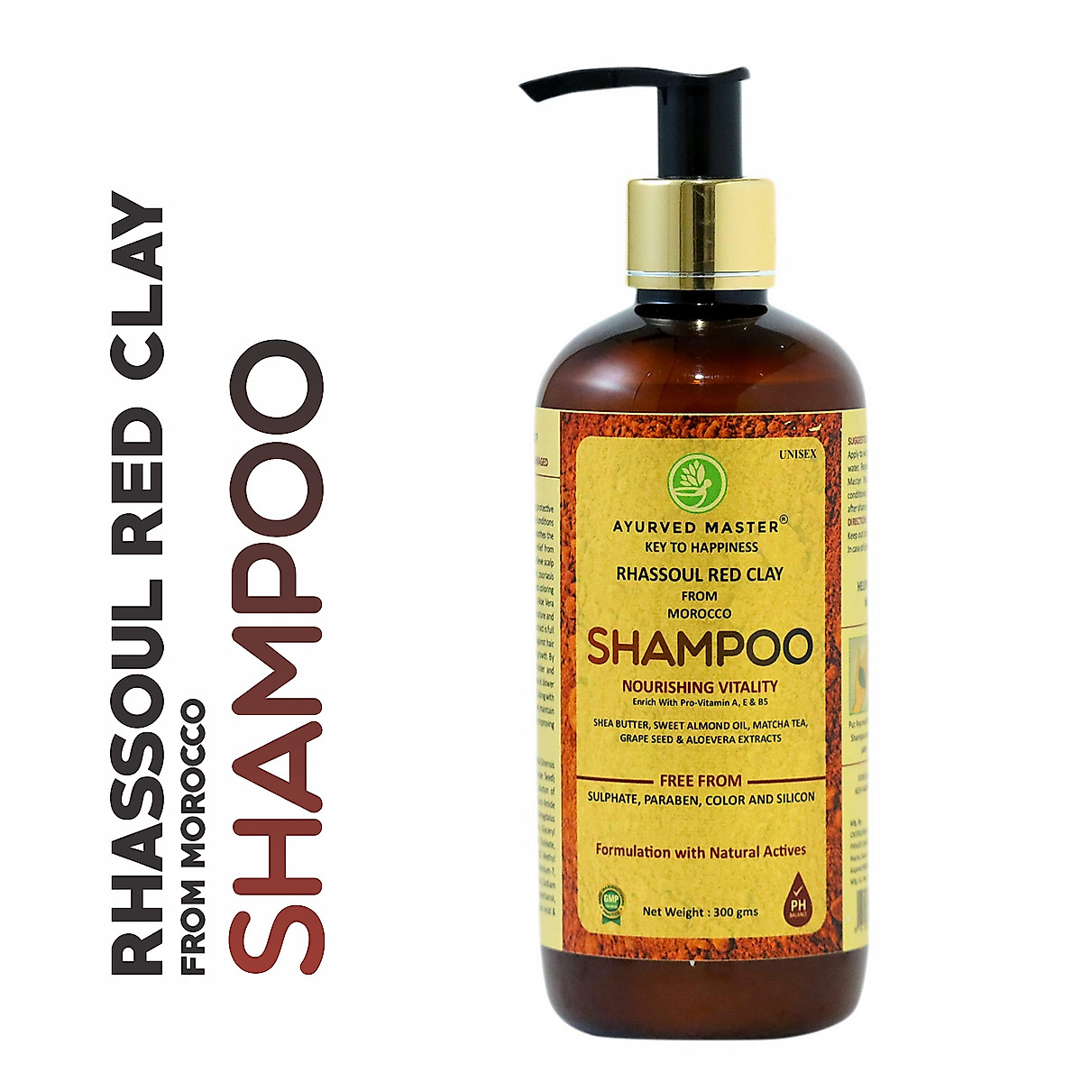 AYURVED MASTER Rhassoul Red Clay Shampoo With Shea Butter, Almond Oil, Matcha Tea, Grape Seed and Aloe Vera Extracts For Nourishing Hair Vitality |