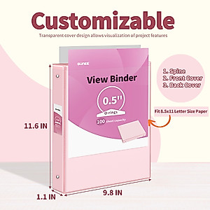 SUNEE 1/2 Inch Binders 3 Ring 4 Pack, Clear View Binder Three Ring PVC-Free (Fit 8.5x11 Inches) for School or Office Supplies, Assorted Pastel Binder
