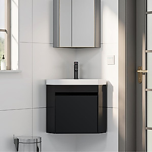 eclife 22" Corner Bathroom Vanity Sink Combo for Small Space Wall Mounted Floating Cabinet with White Resin Sink and Matte Black Faucet, Black