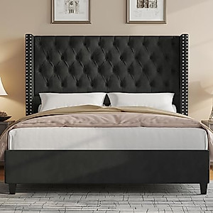 Jocisland King Upholstered Bed Frame with Tall Headboard Wingback Platform Bed Tufted Deep Button Velvet/No Box Spring Needed/Easy Assembly/Black