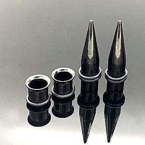 Bngukju 9mm Stainless Steel Ear Gauge Taper Stretching + Single Flare Plugs Flesh Tunnel Kit with O-Rings 2 Pairs (Black 9MM)