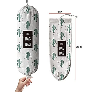 DINGWEN Cactus Pattern Grocery Bag Storage Holder, Wall Mount Free Adjustment with Drawstring, Washable Canvas Plastic Bag Organizer, Grocery Bag Storage Dispenser ​for Home Kitchen, 23x9 inch