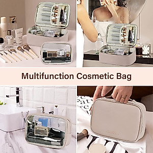 rewhaw 2Pack Travel Makeup Bag Beige Cosmetic Bags for Women Clear Toiletry Bags Cosmetic Bags for Women Make up Travel Bags Organizer for Girls,Makeup Bag Set of 2